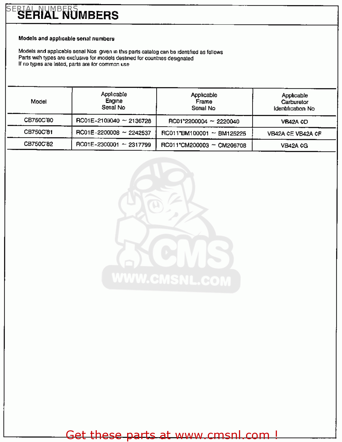 Honda CB750C 750 CUSTOM 1980 (A) USA SERIAL NUMBERS - buy SERIAL ...
