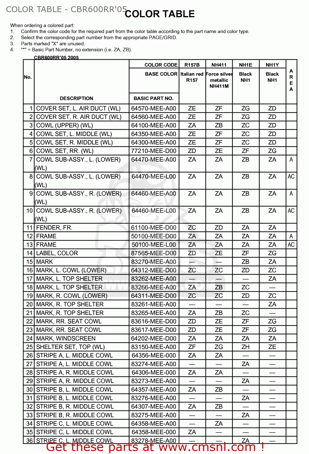 Honda CBR600RR 2006 (6) USA COLOR TABLE - CBR600RR'05 - buy COLOR TABLE ...