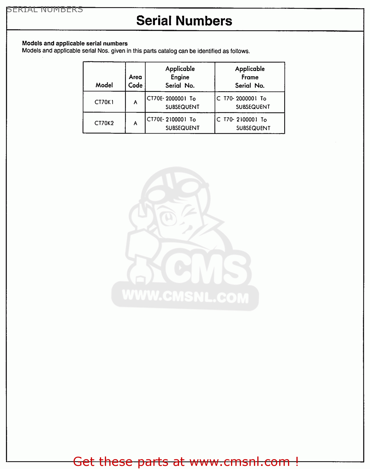 Honda CT70 TRAIL 70 1972 CT70K1 USA SERIAL NUMBERS - buy SERIAL NUMBERS ...