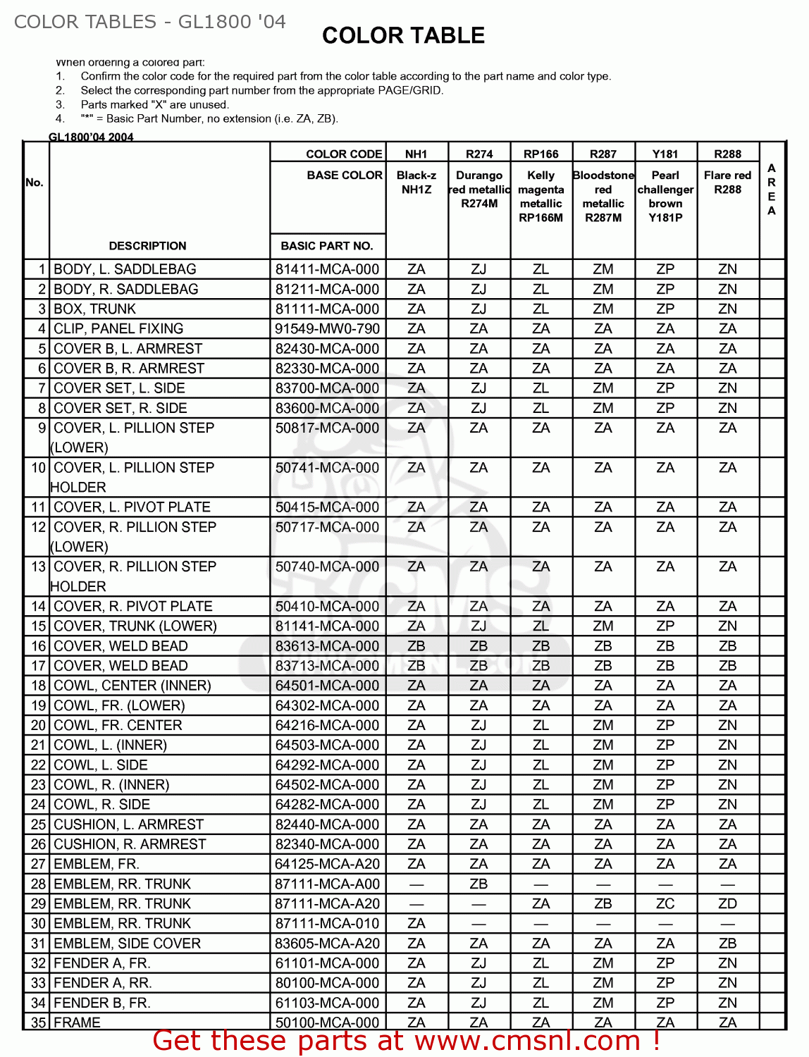 Honda GL1800 GOLDWING 2004 (4) USA COLOR TABLES - GL1800 '04 - buy ...
