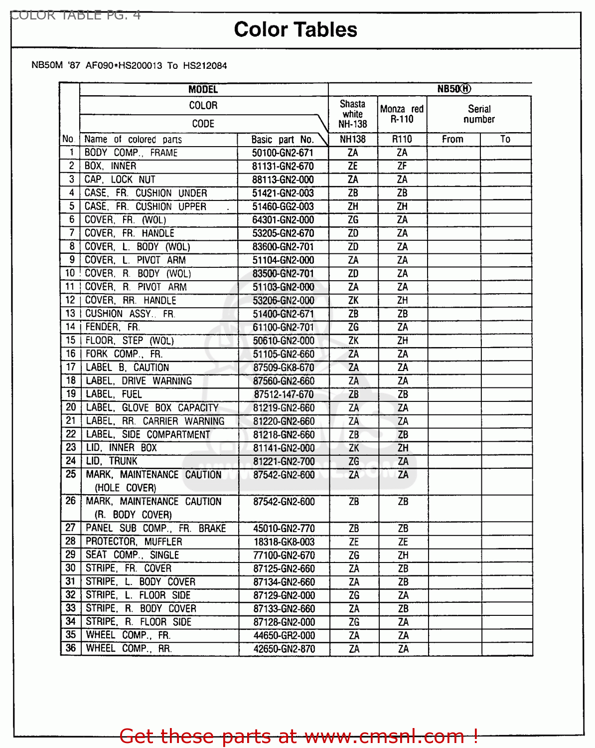 Honda NB50 AERO 50 1986 (G) USA COLOR TABLE PG. 4 - buy COLOR TABLE PG ...