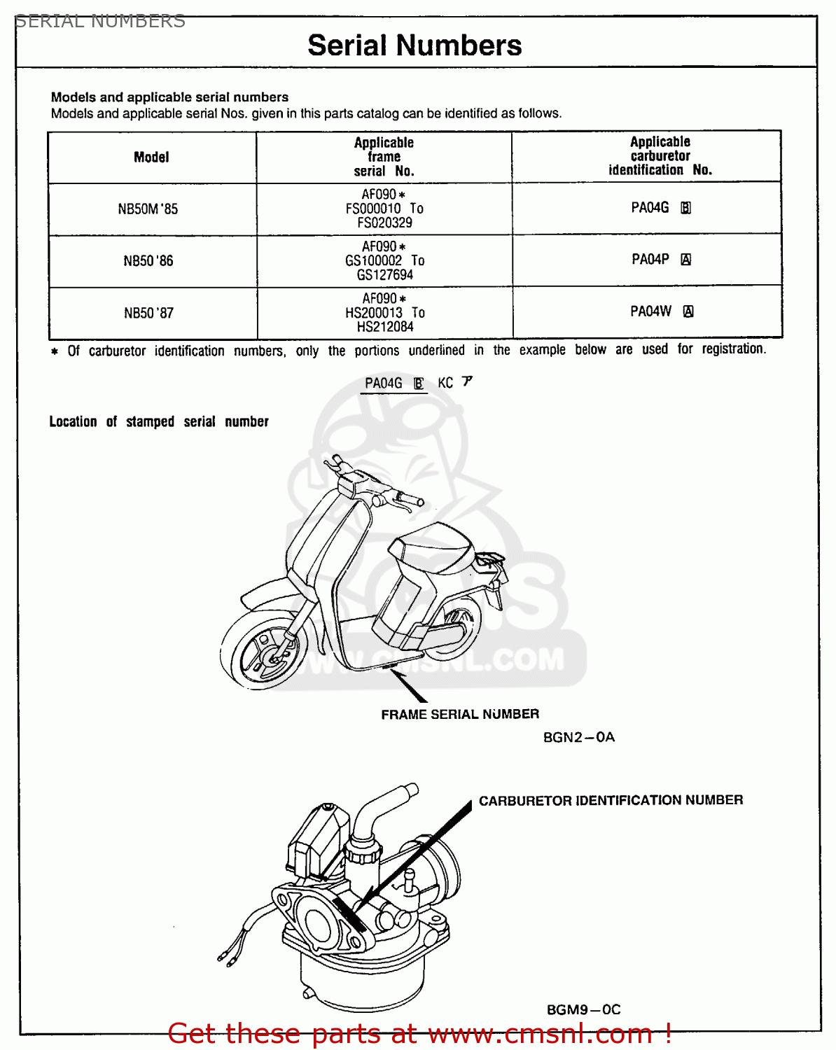 Honda NB50 AERO 50 1986 (G) USA SERIAL NUMBERS - buy SERIAL NUMBERS ...