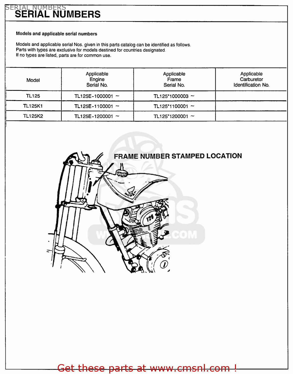 Honda TL125 TRIALS 1973 K0 USA SERIAL NUMBERS - buy SERIAL NUMBERS ...