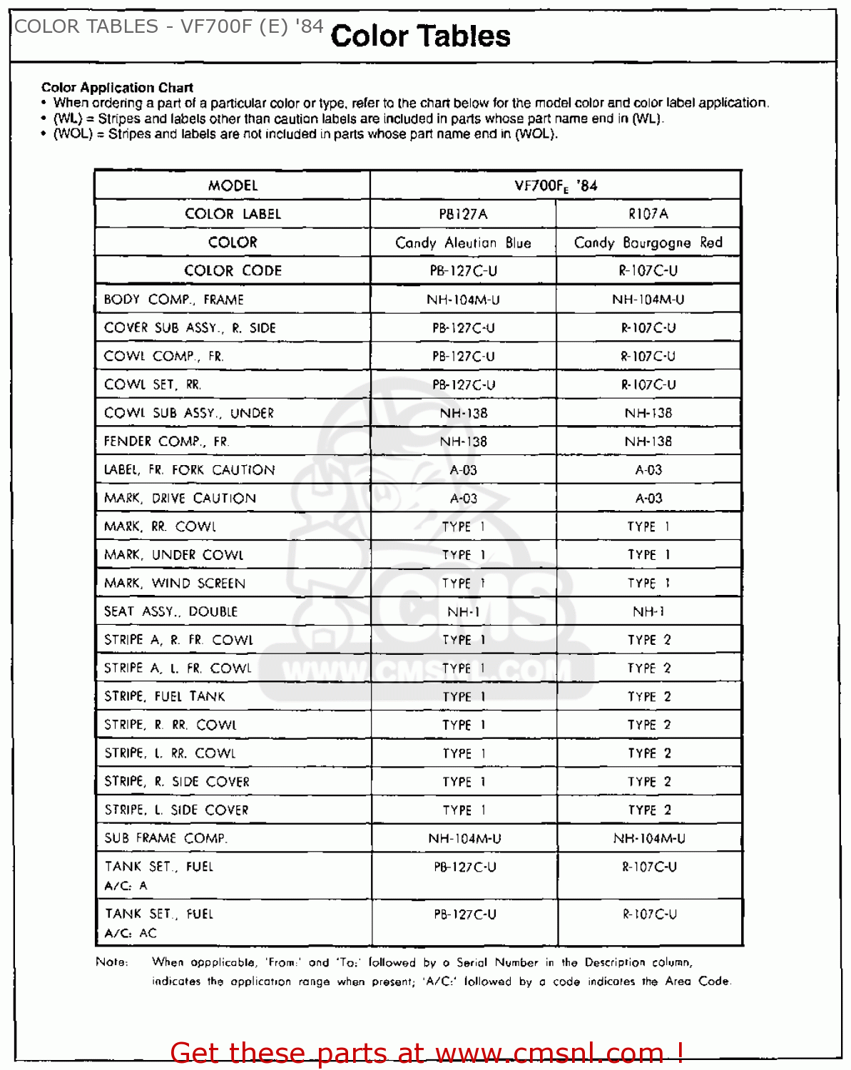Honda VF700F INTERCEPTOR 1984 (E) USA CALIFORNIA COLOR TABLES - VF700F ...