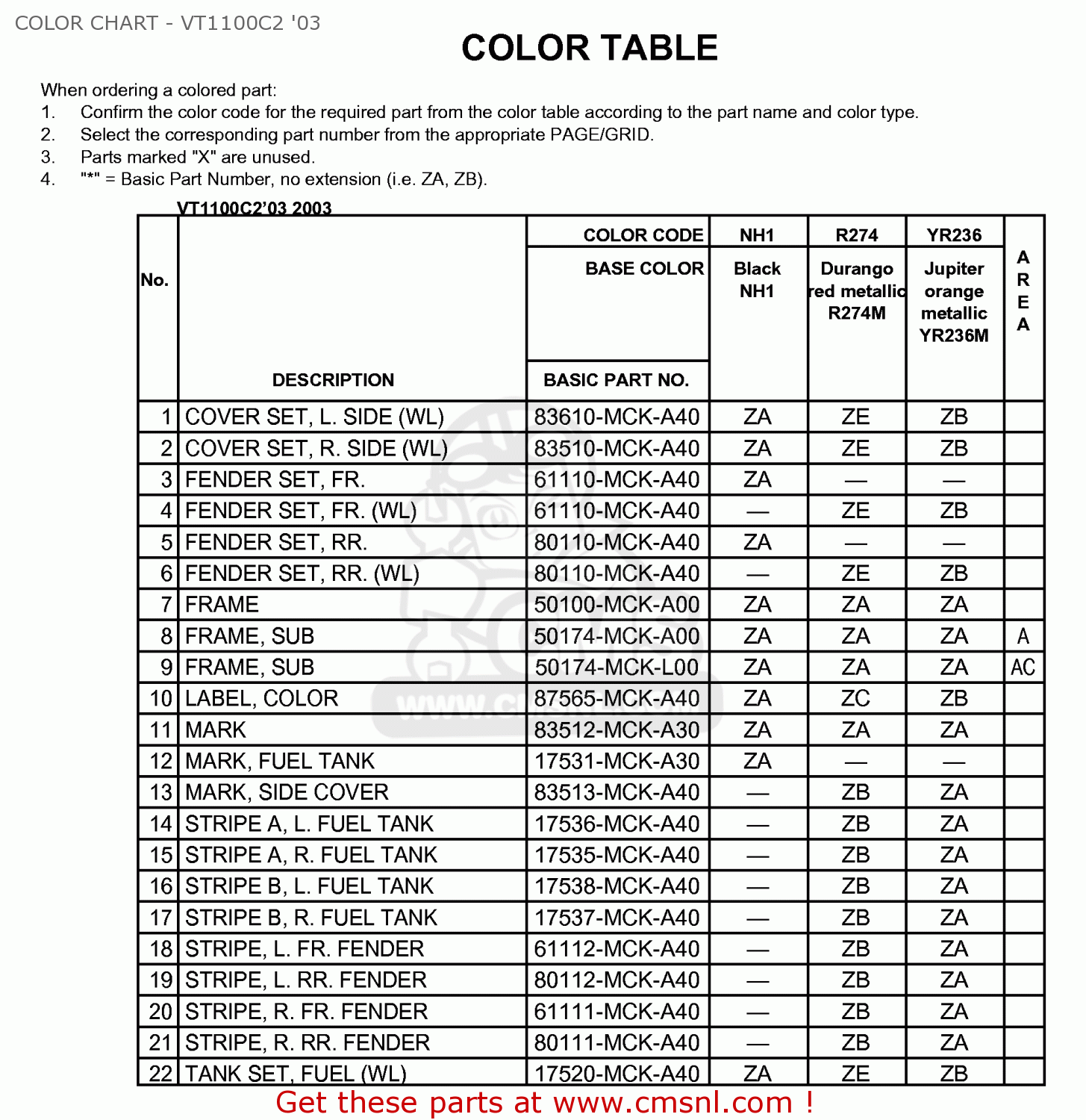 Honda VT1100C2 SHADOW SABRE 2000 (Y) USA COLOR CHART - VT1100C2 '03 ...