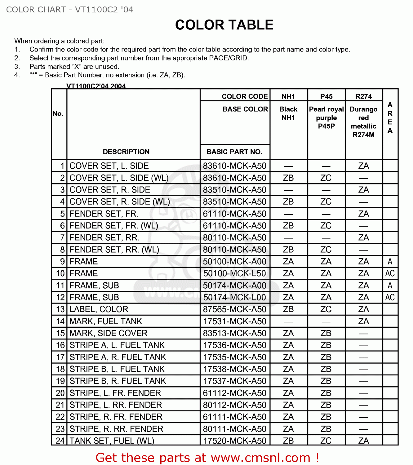 Honda VT1100C2 SHADOW SABRE 2000 (Y) USA parts lists and schematics
