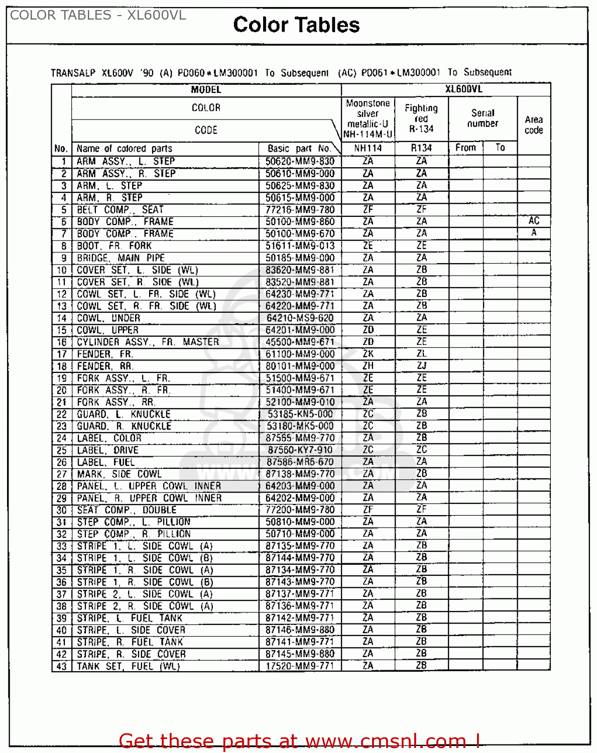 Honda XL600V TRANSALP 1990 (L) USA COLOR TABLES - XL600VL - buy COLOR ...
