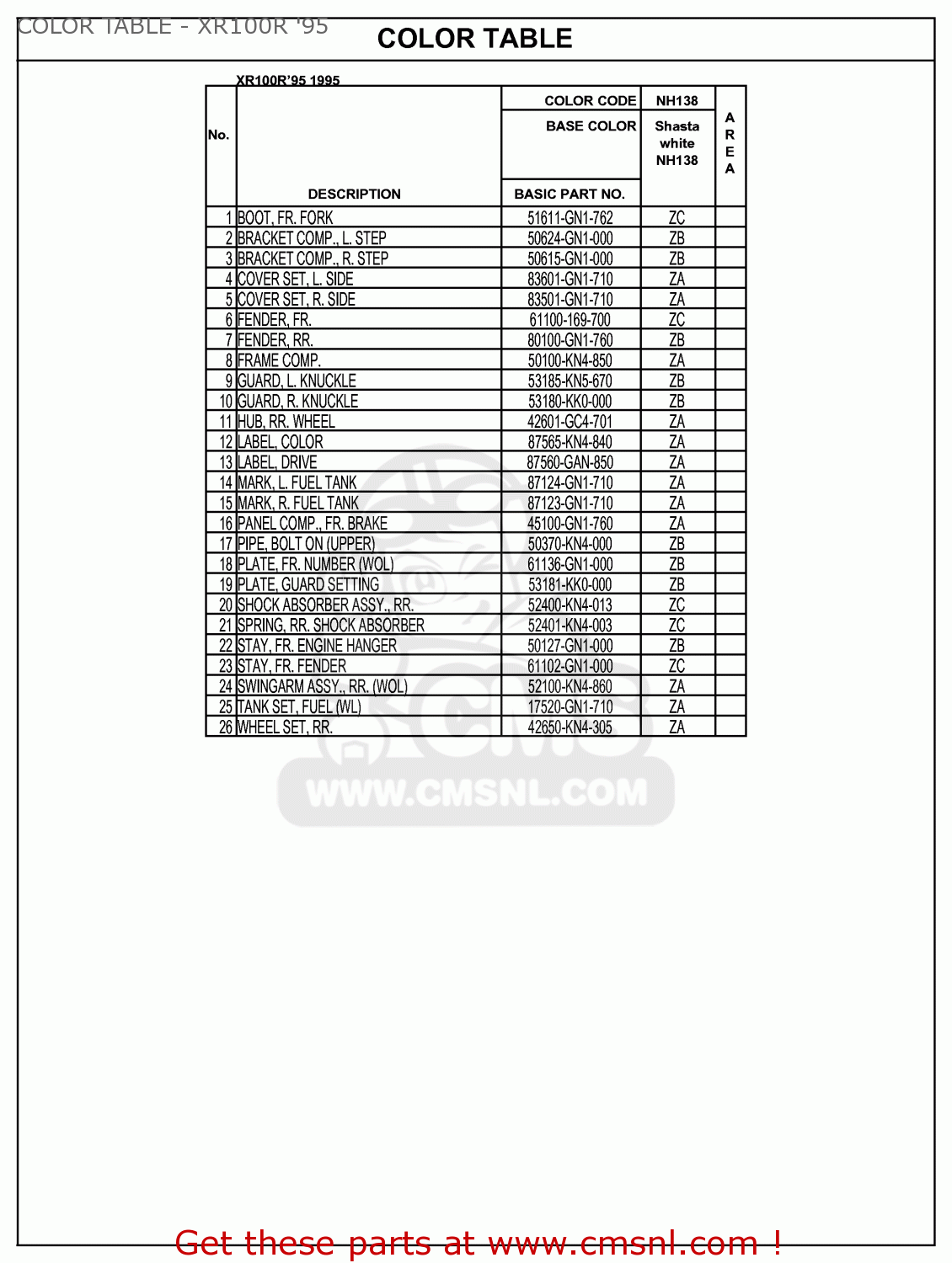 Honda XR100R 1995 (S) USA COLOR TABLE - XR100R '95 - buy COLOR TABLE ...