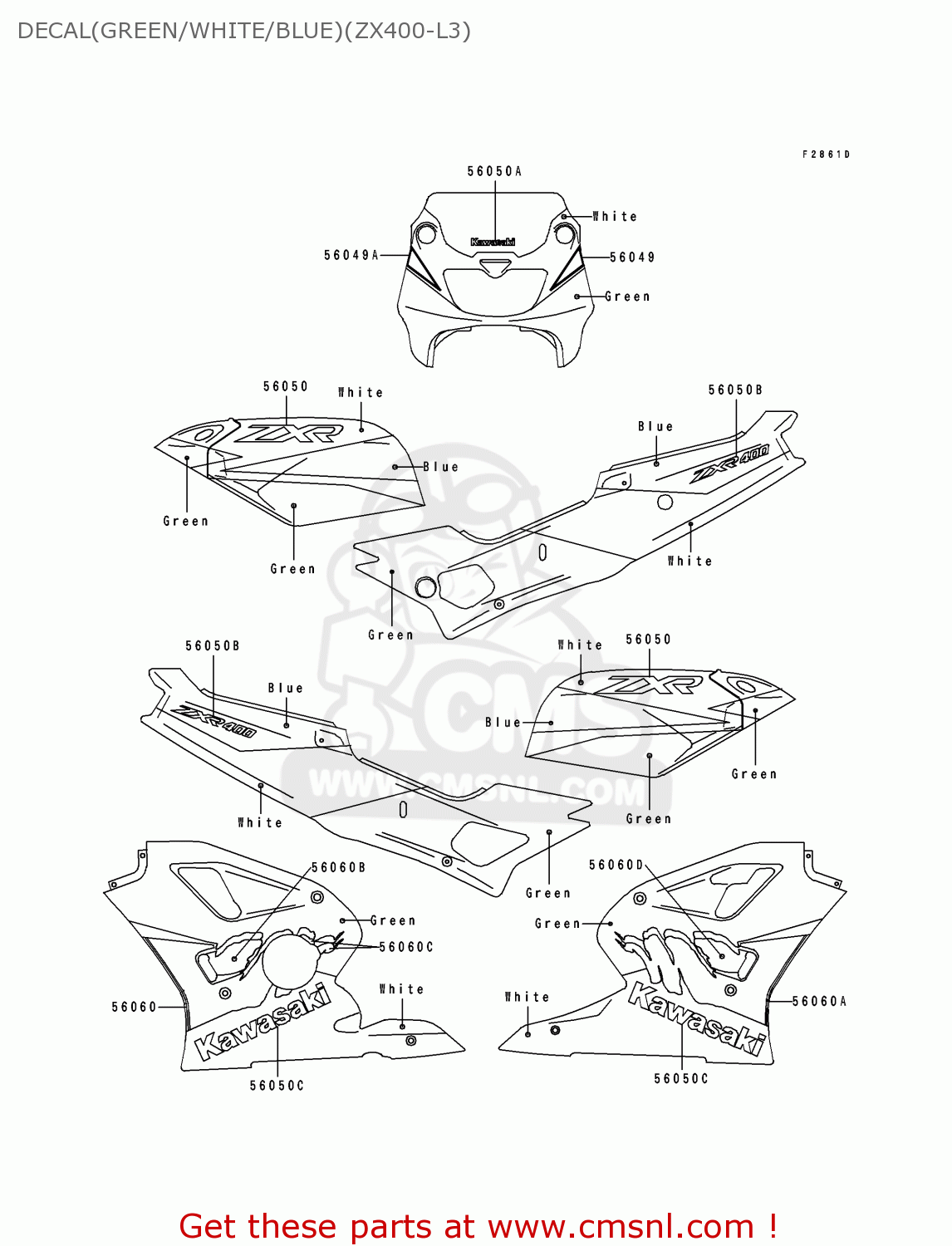 Kawasaki ZX400L3 ZXR400 1993 EUROPE UK FR AR FG IT DECAL(GREEN/WHITE ...