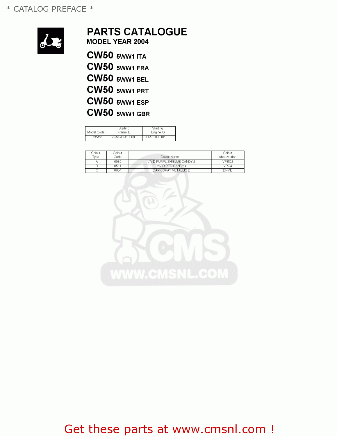 Yamaha CW50 2004 5WW1 BELGIUM 1C5WW-300S2 * CATALOG PREFACE * - buy ...