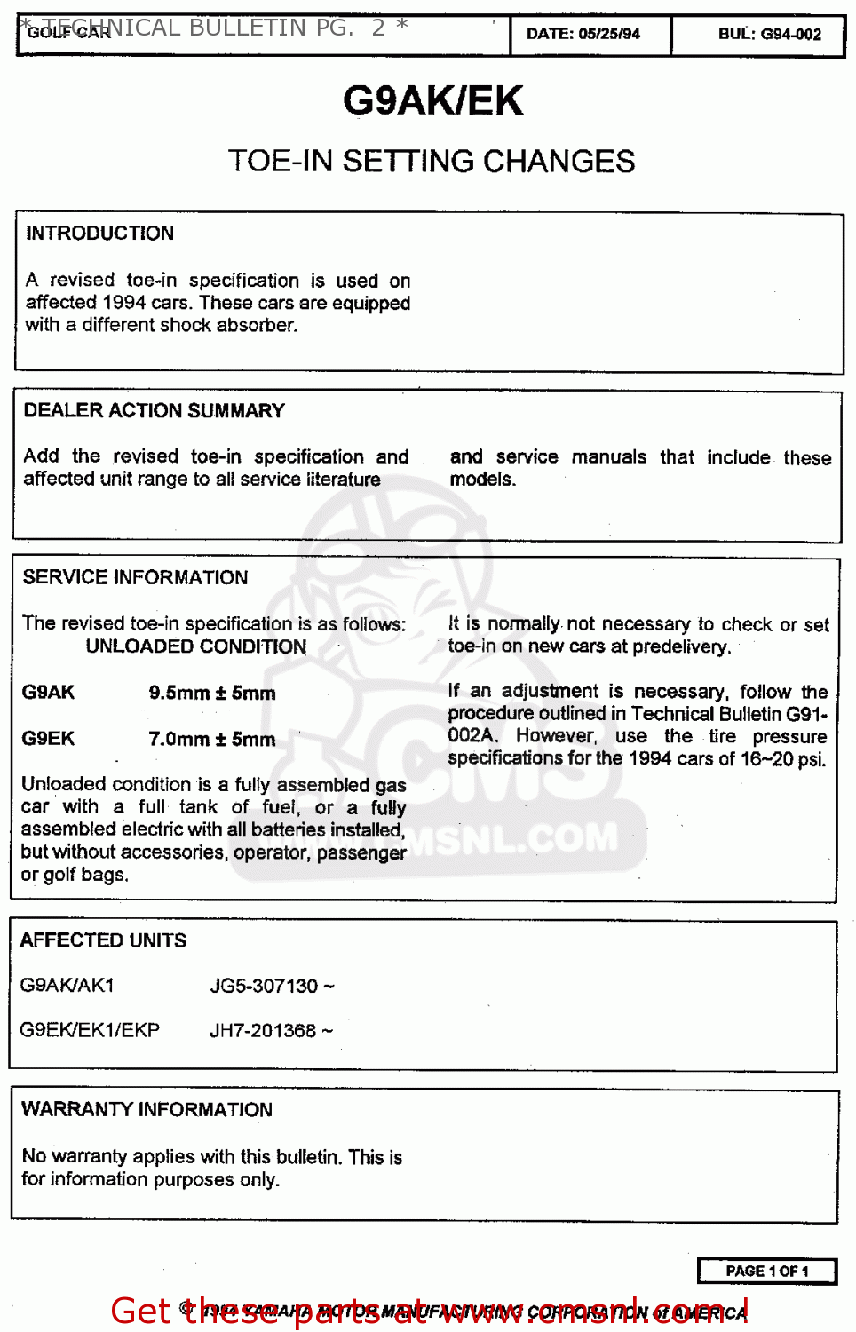 Yamaha G9-AK GOLF CAR 1994 parts lists and schematics