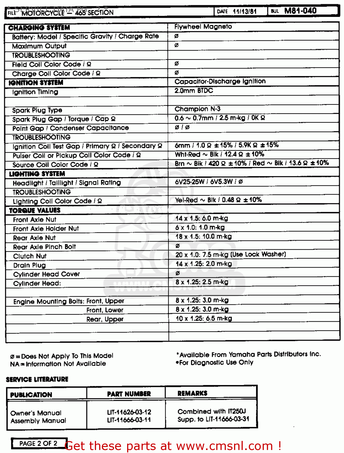 Yamaha IT465 1982 (C) USA parts lists and schematics