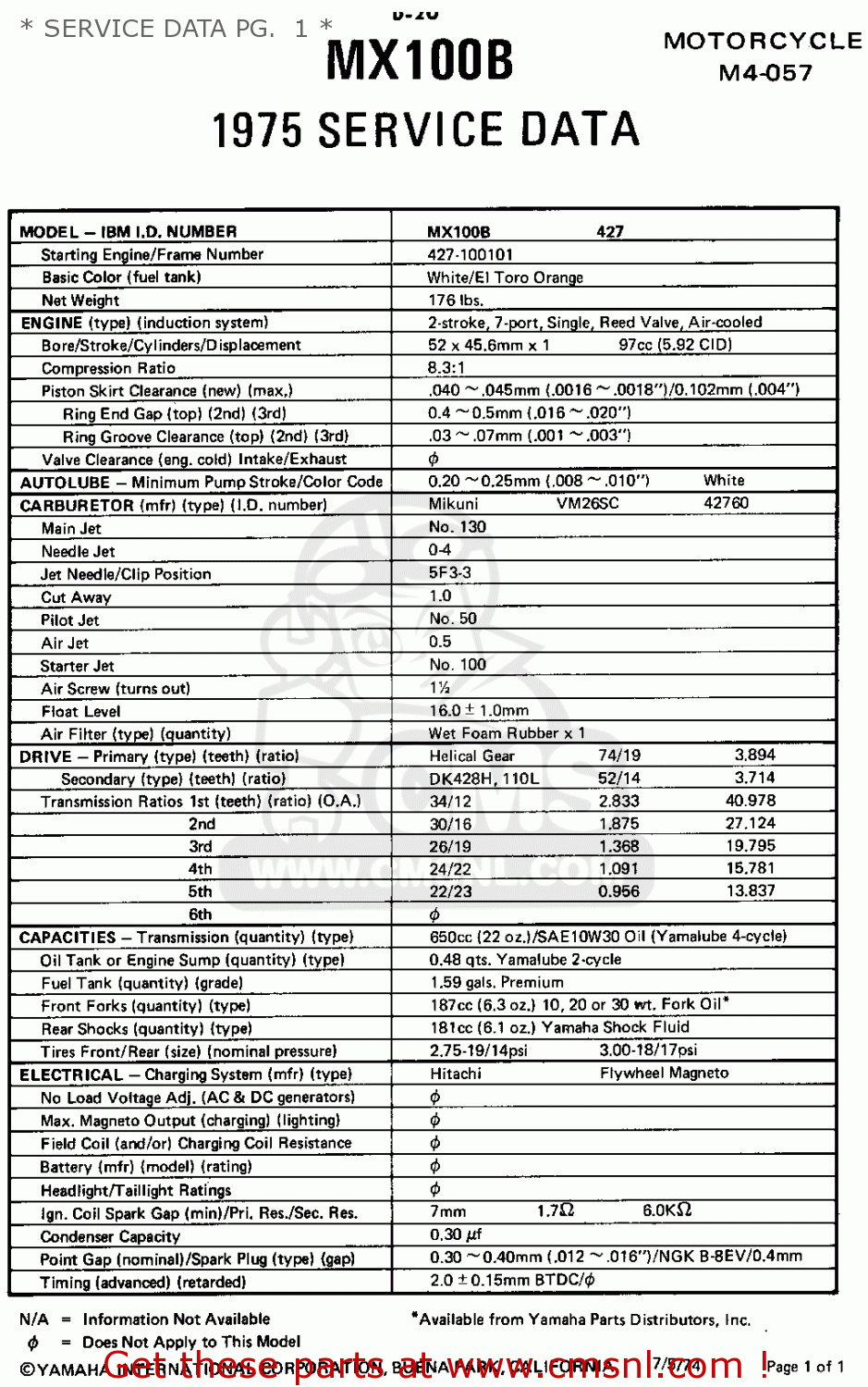 Yamaha MX100 1974 USA * SERVICE DATA PG. 1 * - buy original * SERVICE ...