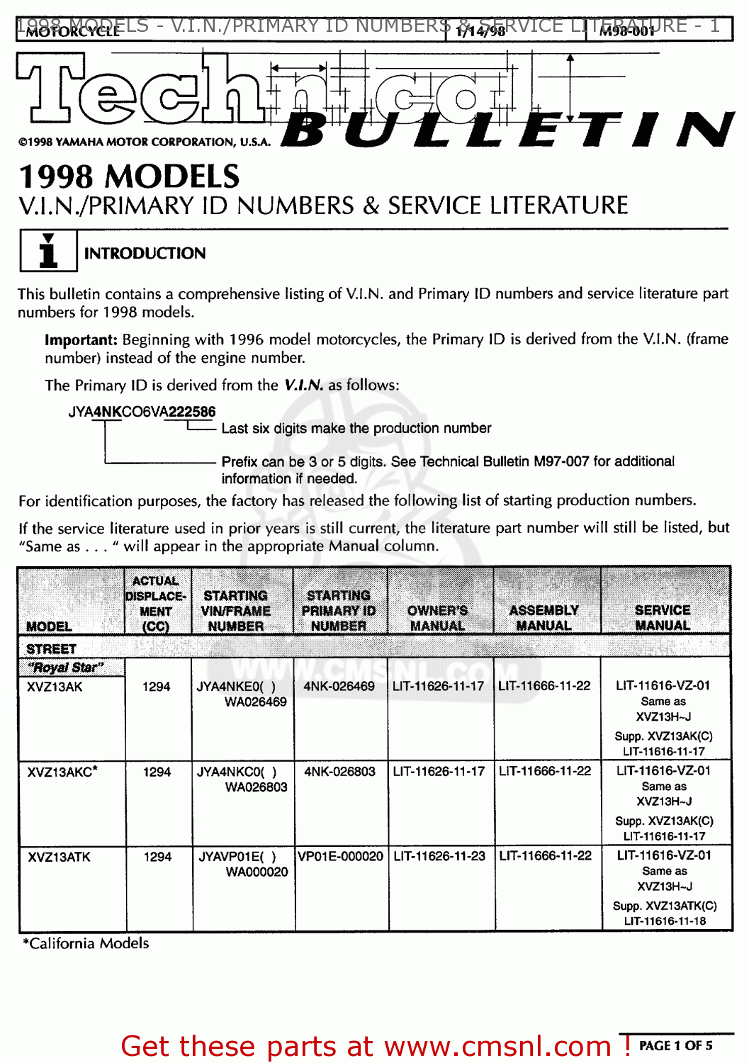 Yamaha PRIMARY ID NUMBERS (USA ONLY) 1988-1998 1998 MODELS - V.I.N ...