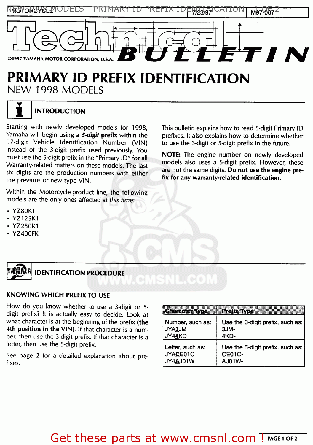 Yamaha PRIMARY ID NUMBERS (USA ONLY) 1988-1998 NEW 1998 MODELS ...