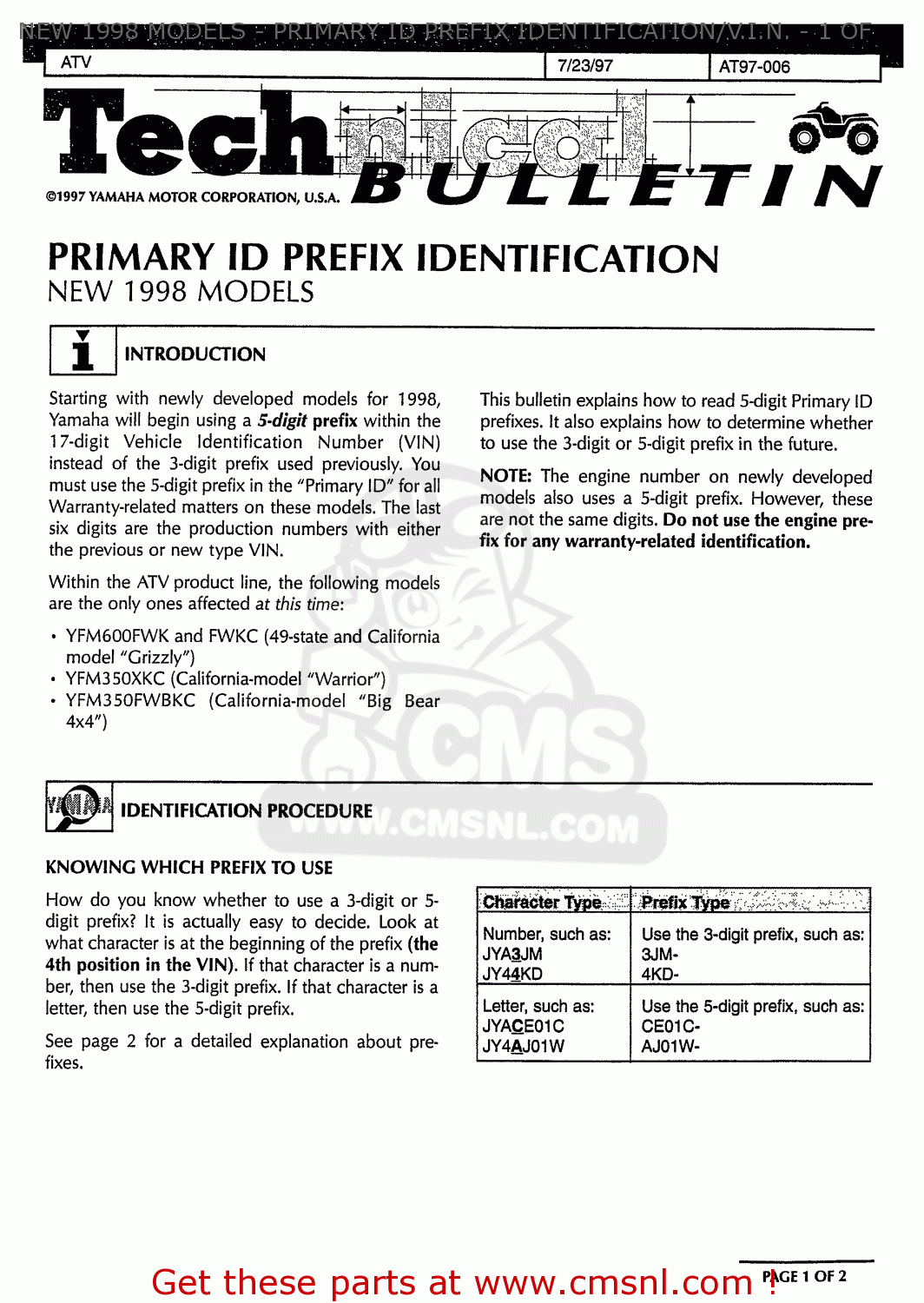 Yamaha PRIMARY ID NUMBERS (USA ONLY) 1988-2000 NEW 1998 MODELS ...