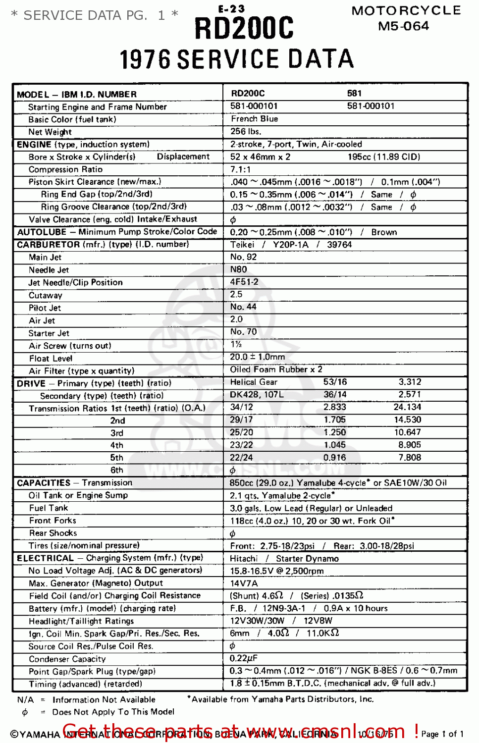 Yamaha RD200 1976 USA * SERVICE DATA PG. 1 * - buy original * SERVICE ...