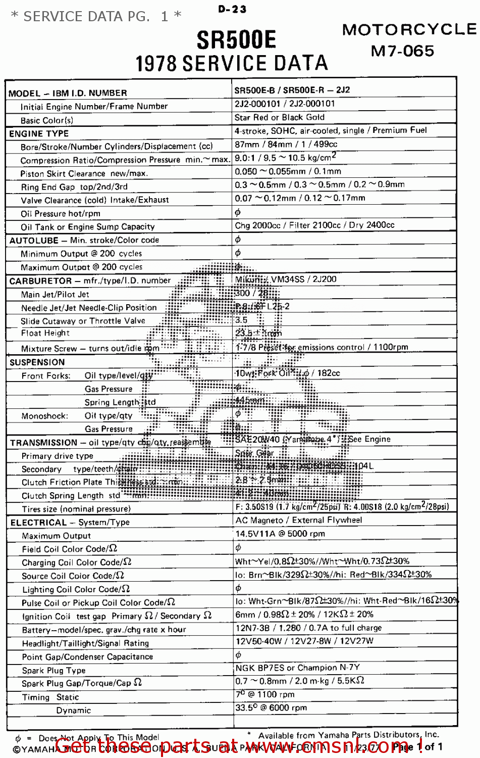 Yamaha Yamaha SR500 1978 USA parts lists and schematics