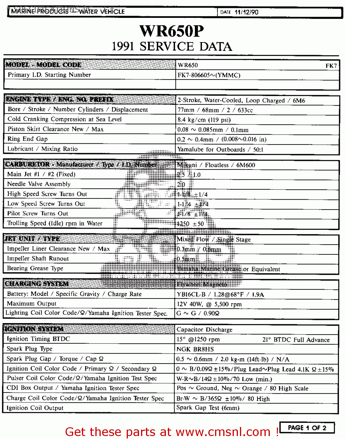 Yamaha WR650 P 1991 FK7 WAVERUNNER * SPECIFICATIONS PG. 1 * - buy ...