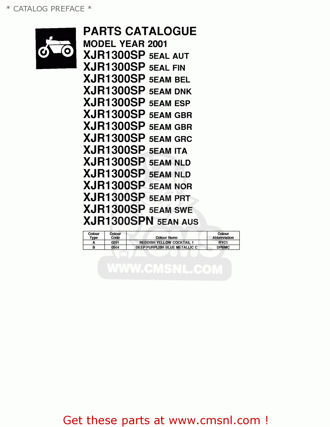 Yamaha XJR1300SP 2001 5EAM SPAIN 115EA-300EA * CATALOG PREFACE * - buy ...