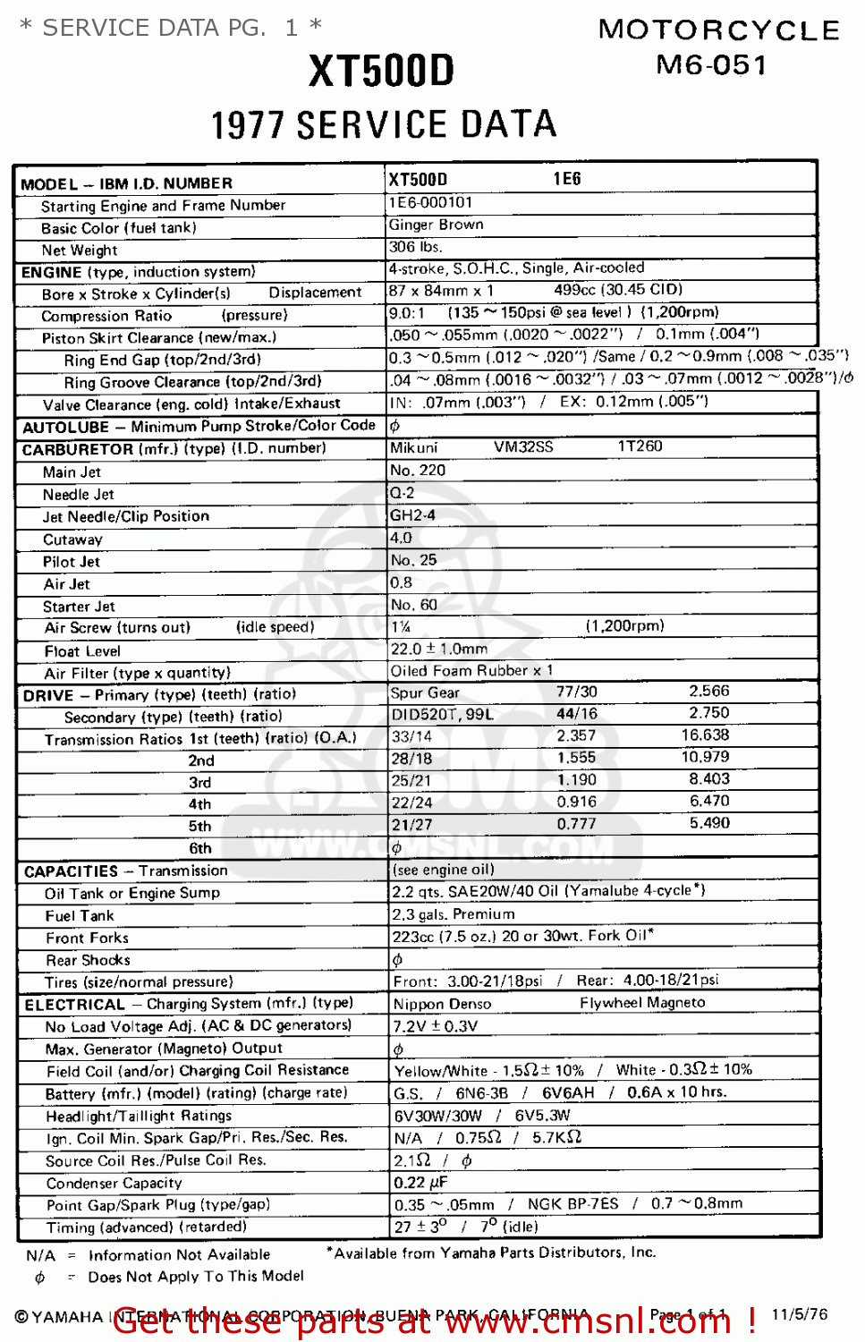 Yamaha Yamaha XT500 1977 DUAL PURPOSE USA CANADA parts lists and schematics