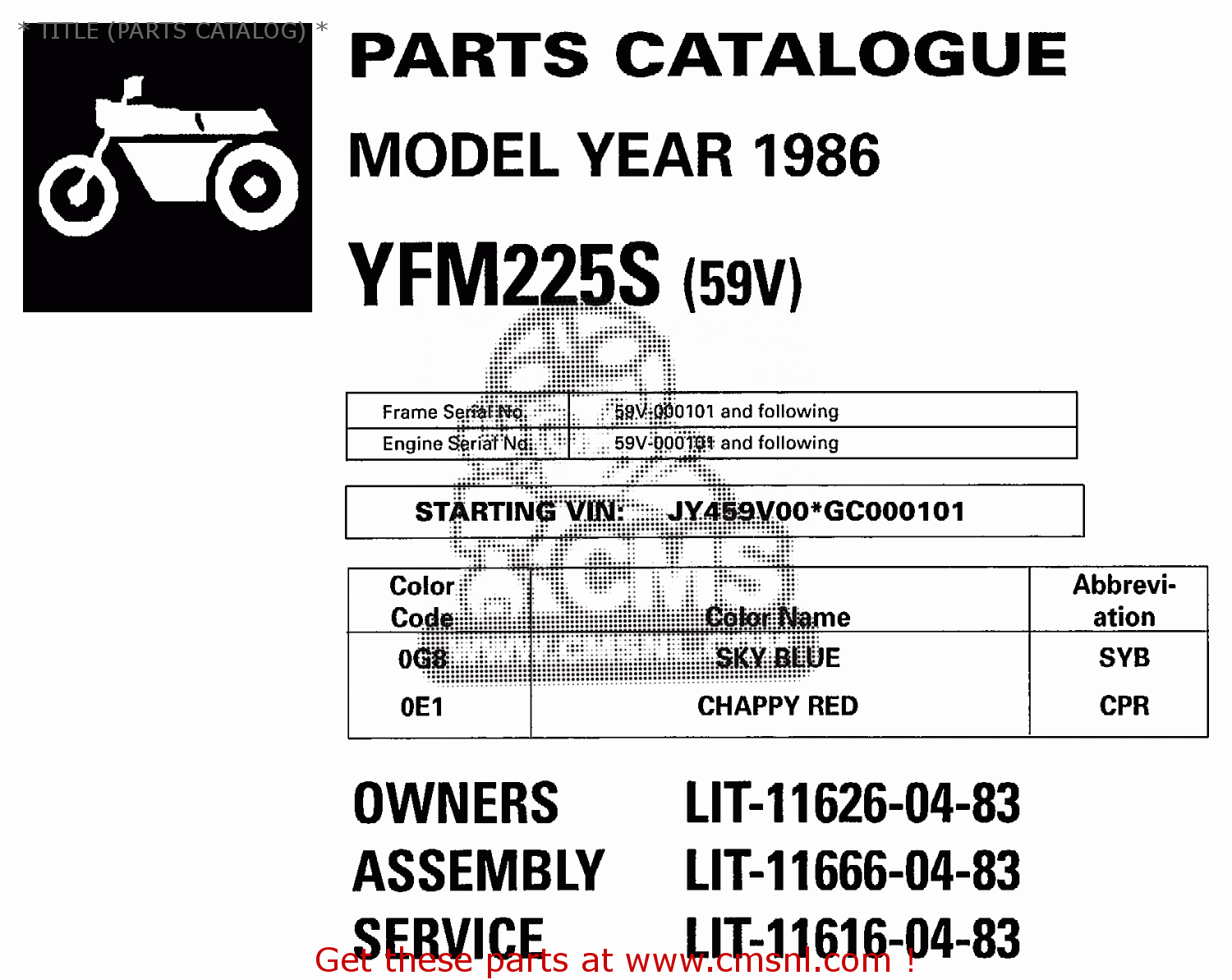 Yamaha YFM225S 1986 parts lists and schematics