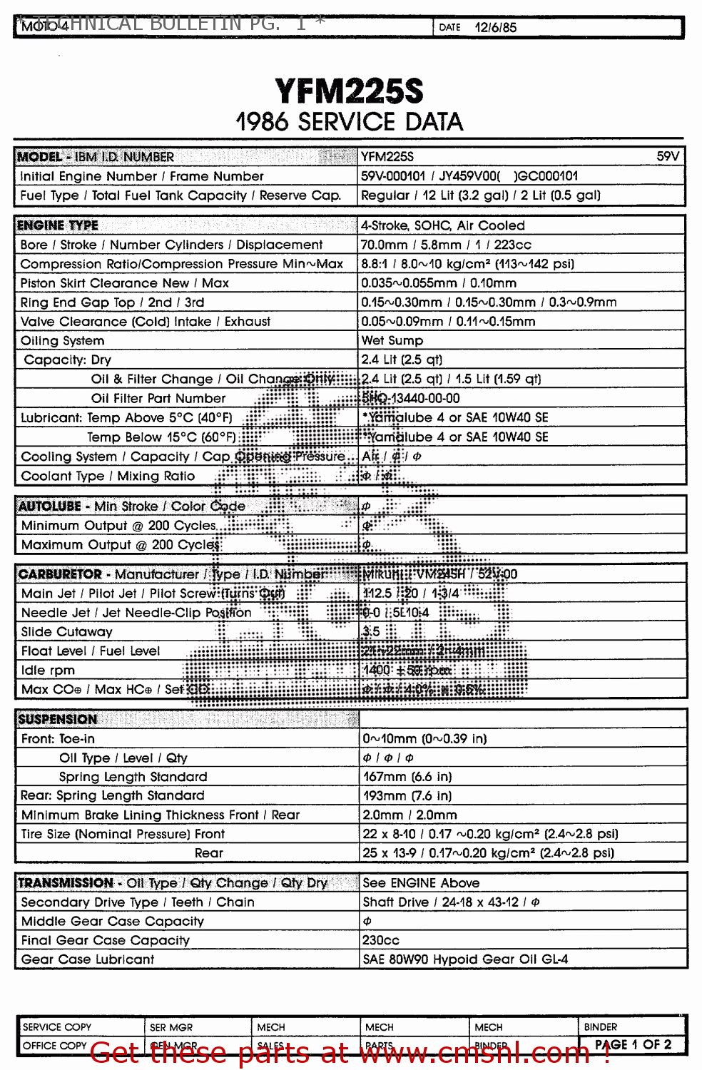 Yamaha YFM225S 1986 * TECHNICAL BULLETIN PG. 1 * - buy original ...