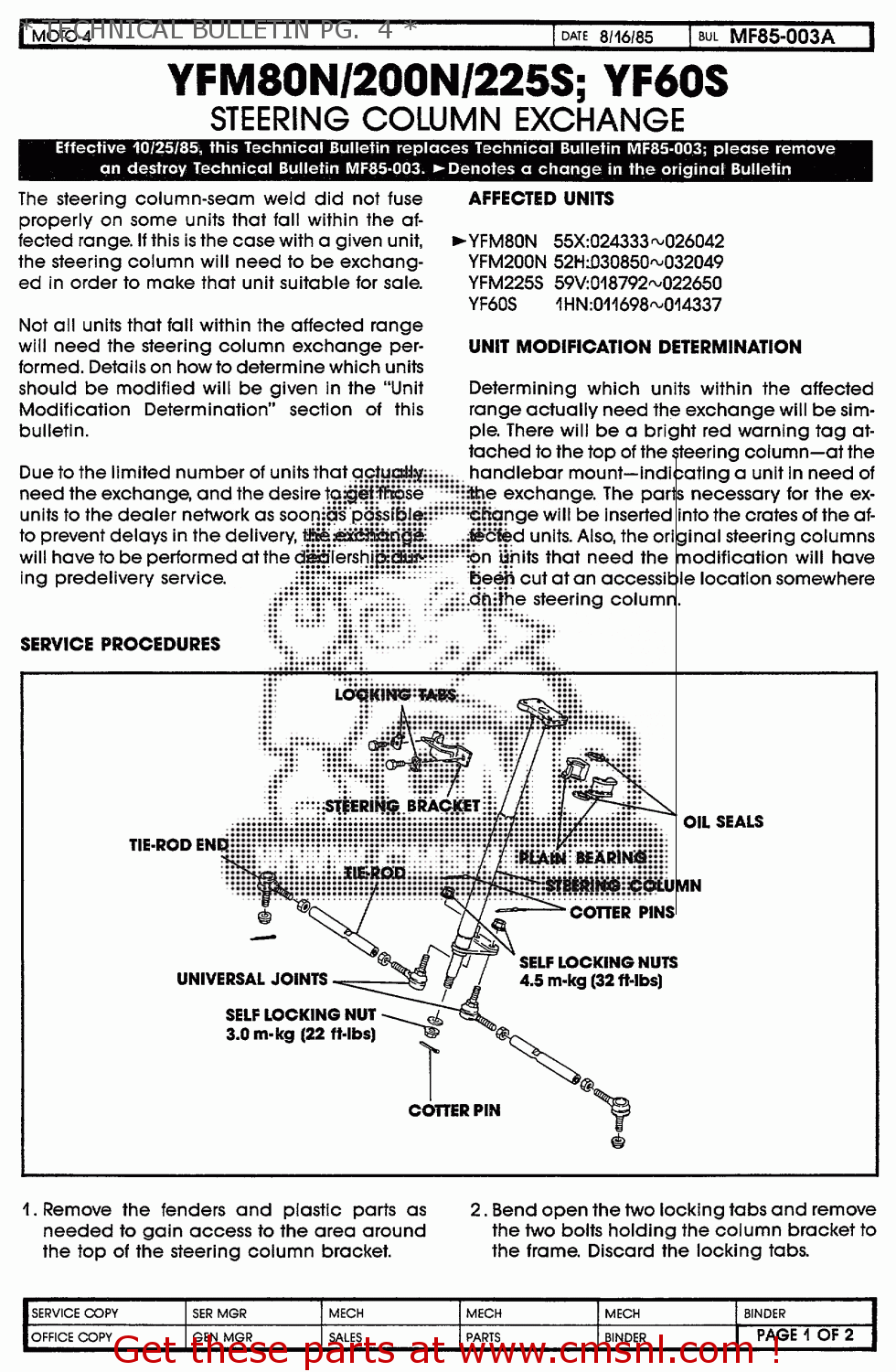 Yamaha YFM225S 1986 * TECHNICAL BULLETIN PG. 4 * - buy original ...