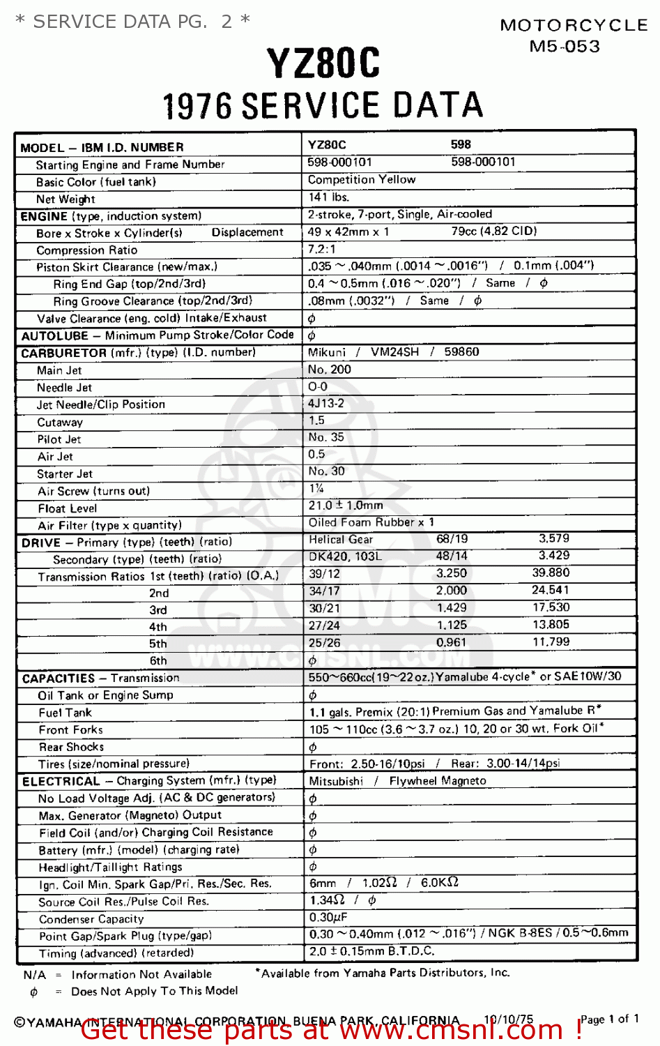 Yamaha YZ80 COMPETITION 1974 USA parts lists and schematics