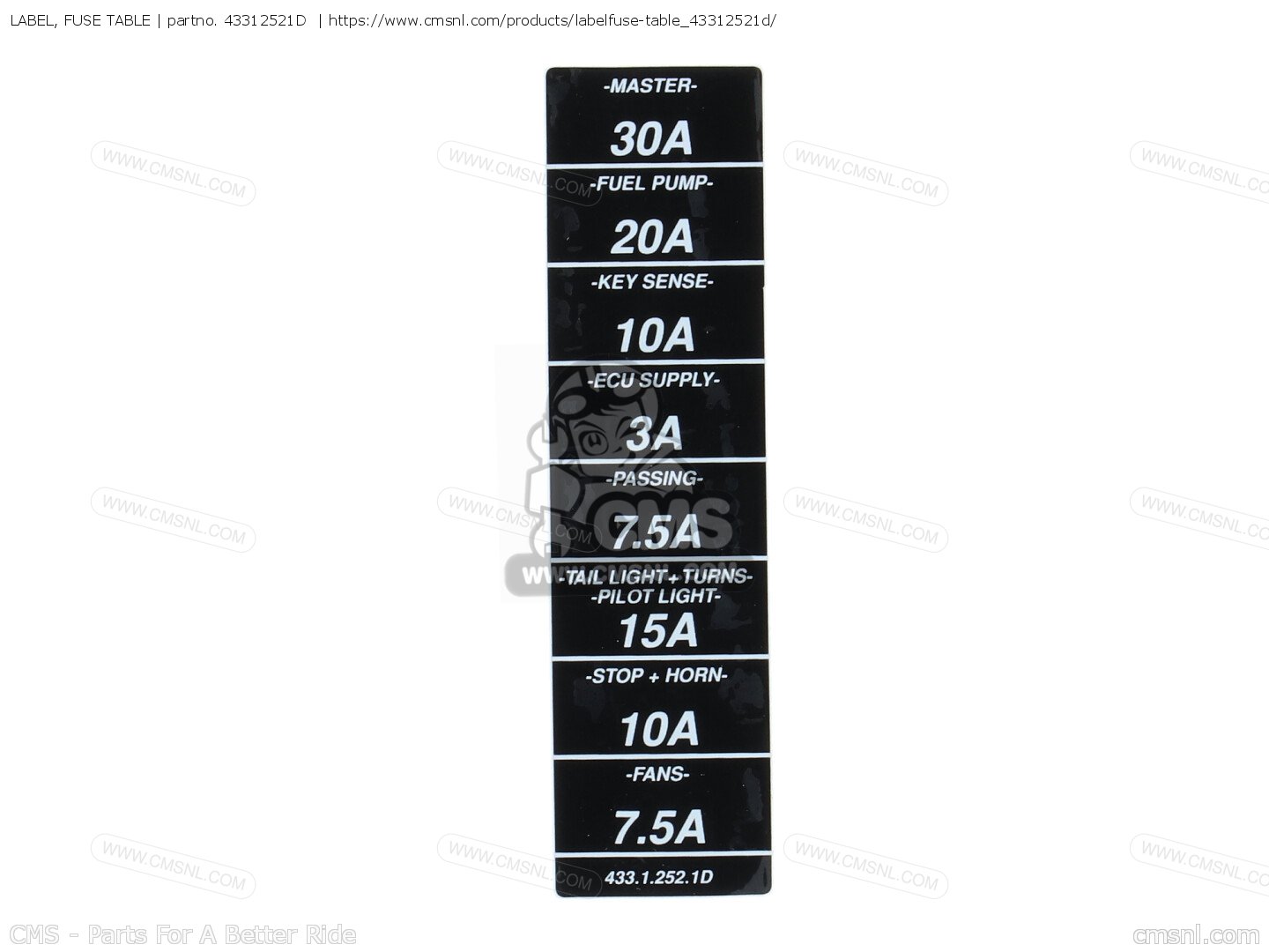43312521D: LABEL, FUSE TABLE Ducati - buy the 43312521D at CMSNL