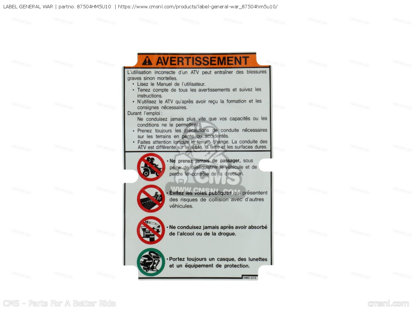 87504HM5U10: LABEL GENERAL WARNIN Honda - buy the 87504-HM5-U10 at CMSNL