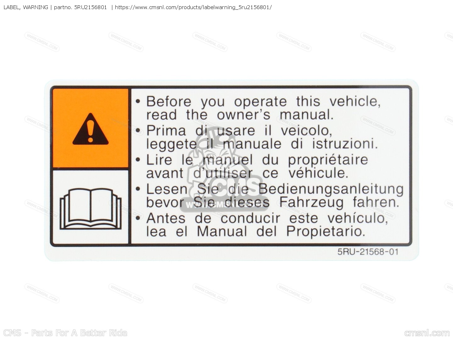 5RU2156801: LABEL, WARNING Yamaha - buy the 5RU-21568-01-00 at CMSNL