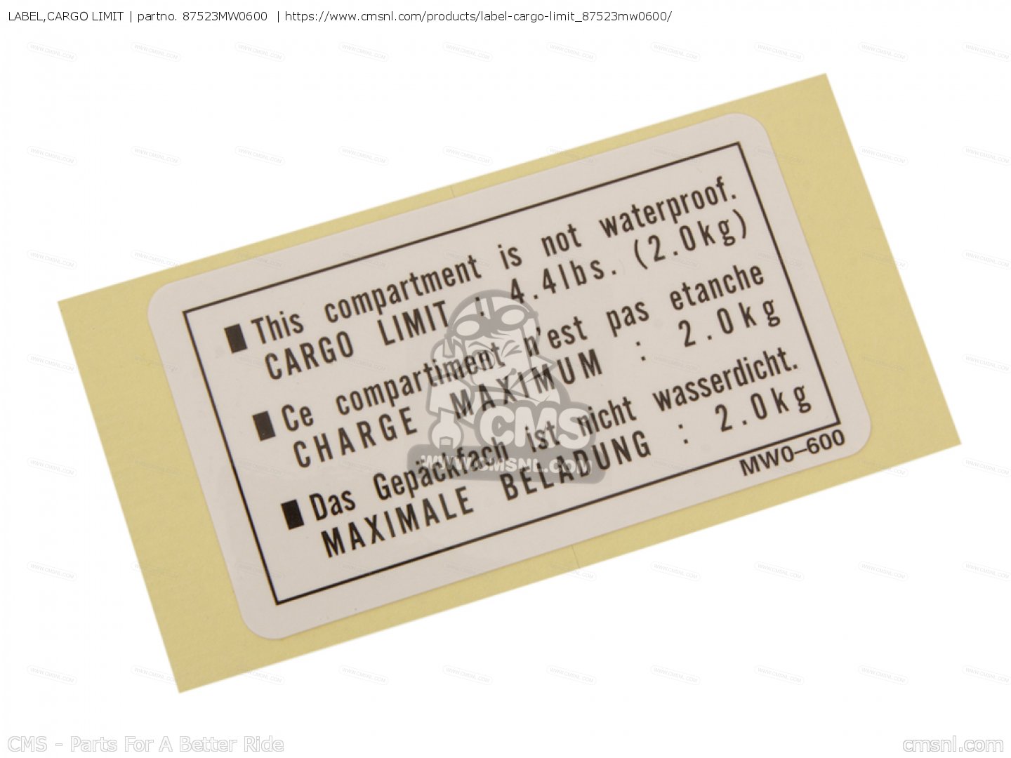 LABEL,CARGO LIMIT for Honda - order at CMSNL