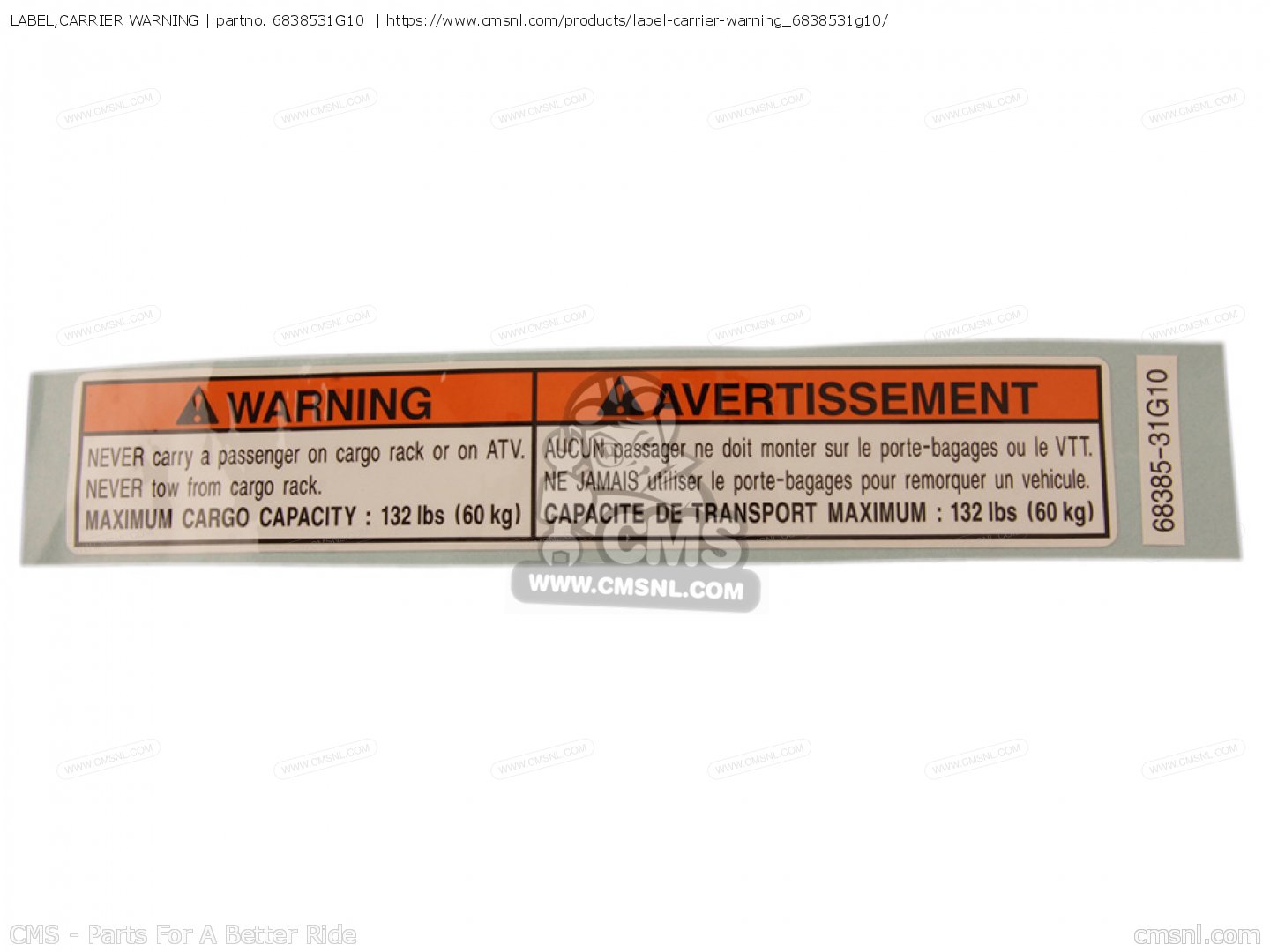 LABEL,CARRIER WARNING for LT-A400F KINGQUAD ASi 4X4 2017 - order at CMSNL