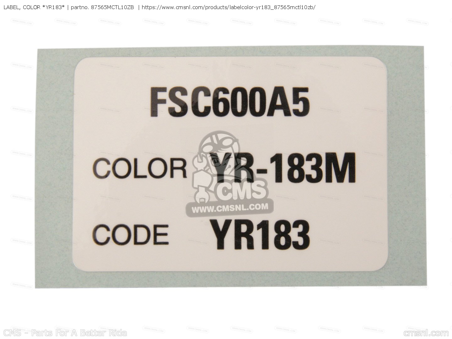 87565MCTL10ZB: Label, Color *yr183* Honda - buy the 87565-MCT-L10ZB at ...