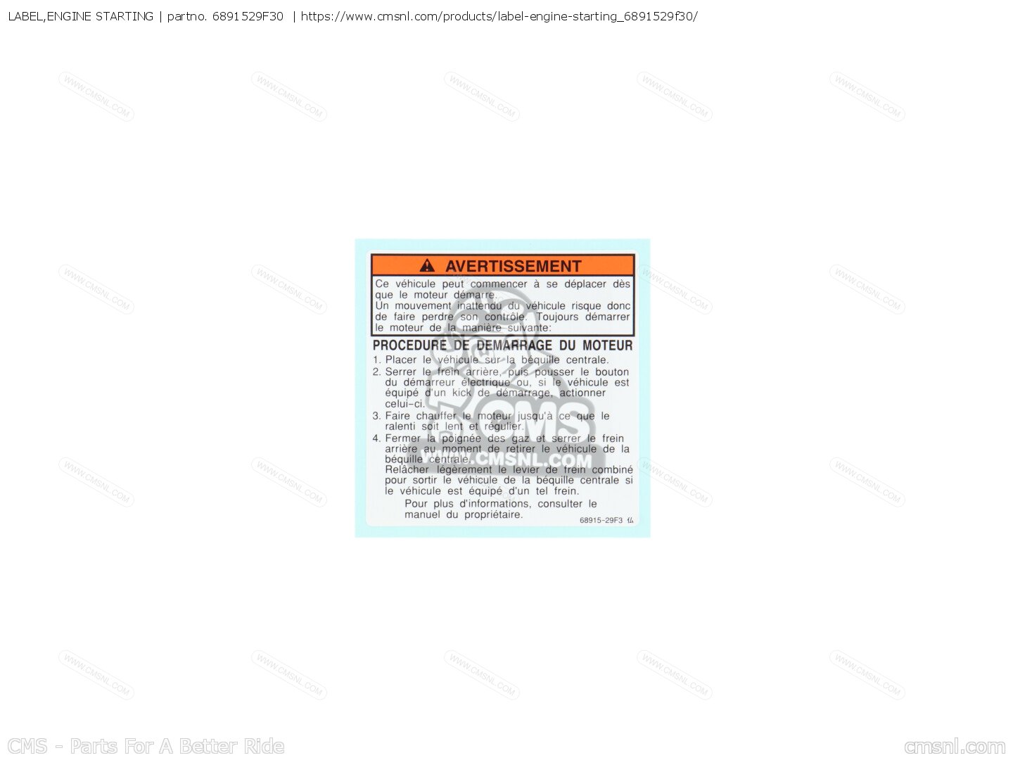 6891529F30: LABEL,ENGINE STARTING Suzuki - buy the 68915-29F30 at CMSNL