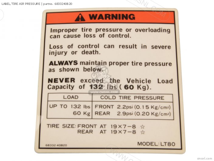 LABEL,TIRE AIR PRESSURE for Suzuki - order at CMSNL