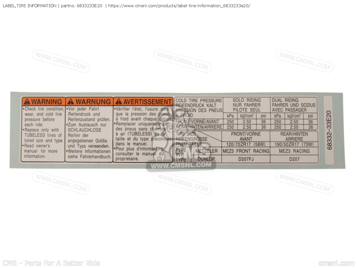 LABEL,TIRE INFORMATION for GSXR750 1996 (T) USA (E03) - order at CMSNL