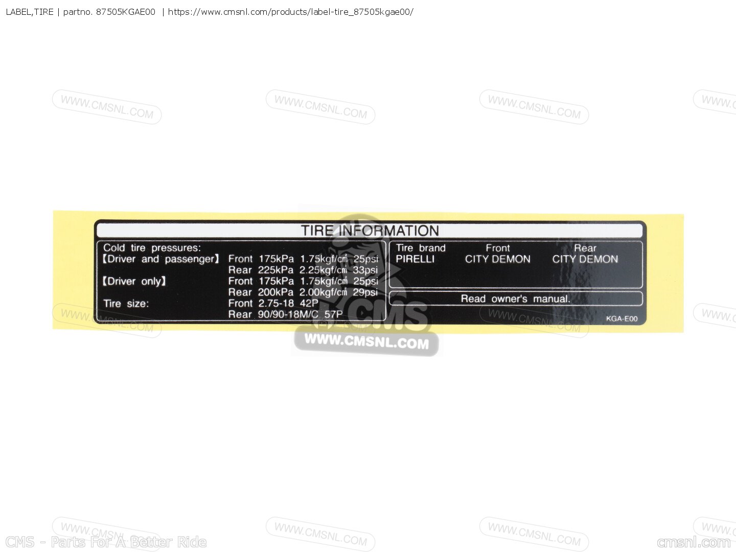 87505KGAE00: LABEL,TIRE Honda - buy the 87505-KGA-E00 at CMSNL