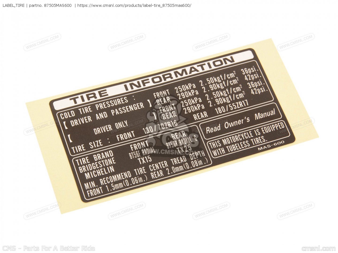LABEL,TIRE for Honda - order at CMSNL