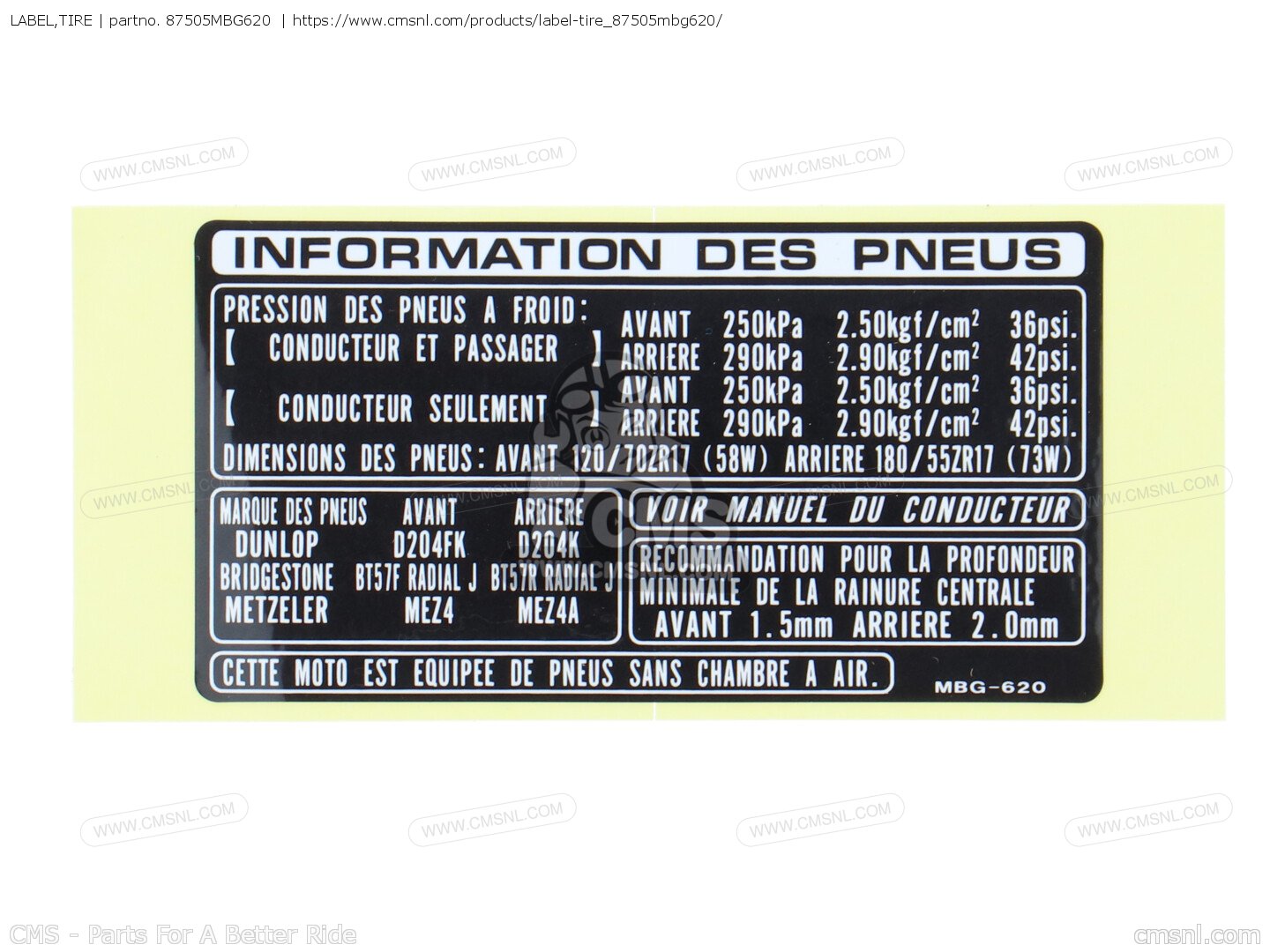 87505MBG620: Label,tire Honda - buy the 87505-MBG-620 at CMSNL