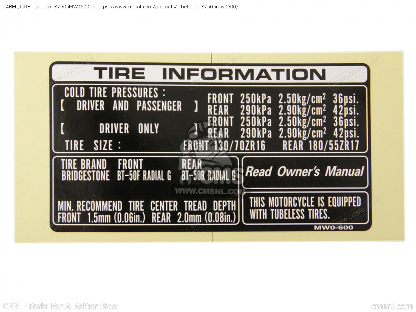 87505MW0600: LABEL,TIRE Honda - buy the 87505-MW0-600 at CMSNL