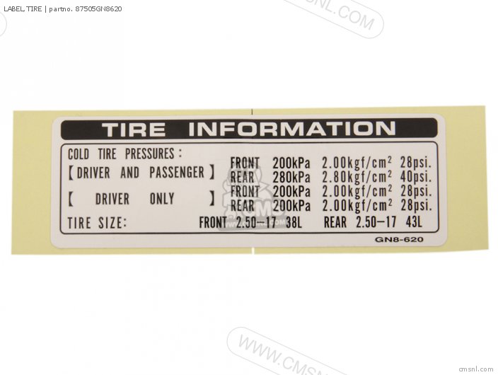 87505GN8620: LABEL,TIRE Honda - buy the 87505-GN8-620 at CMSNL