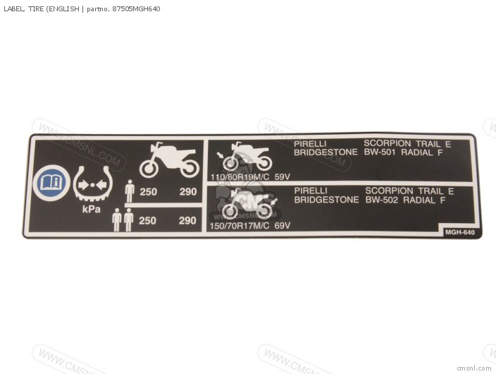 87505MGH640: Label,tire Honda - buy the 87505-MGH-640 at CMSNL