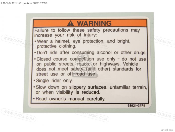 6892137F50: Label,warning Suzuki - buy the 68921-37F50 at CMSNL
