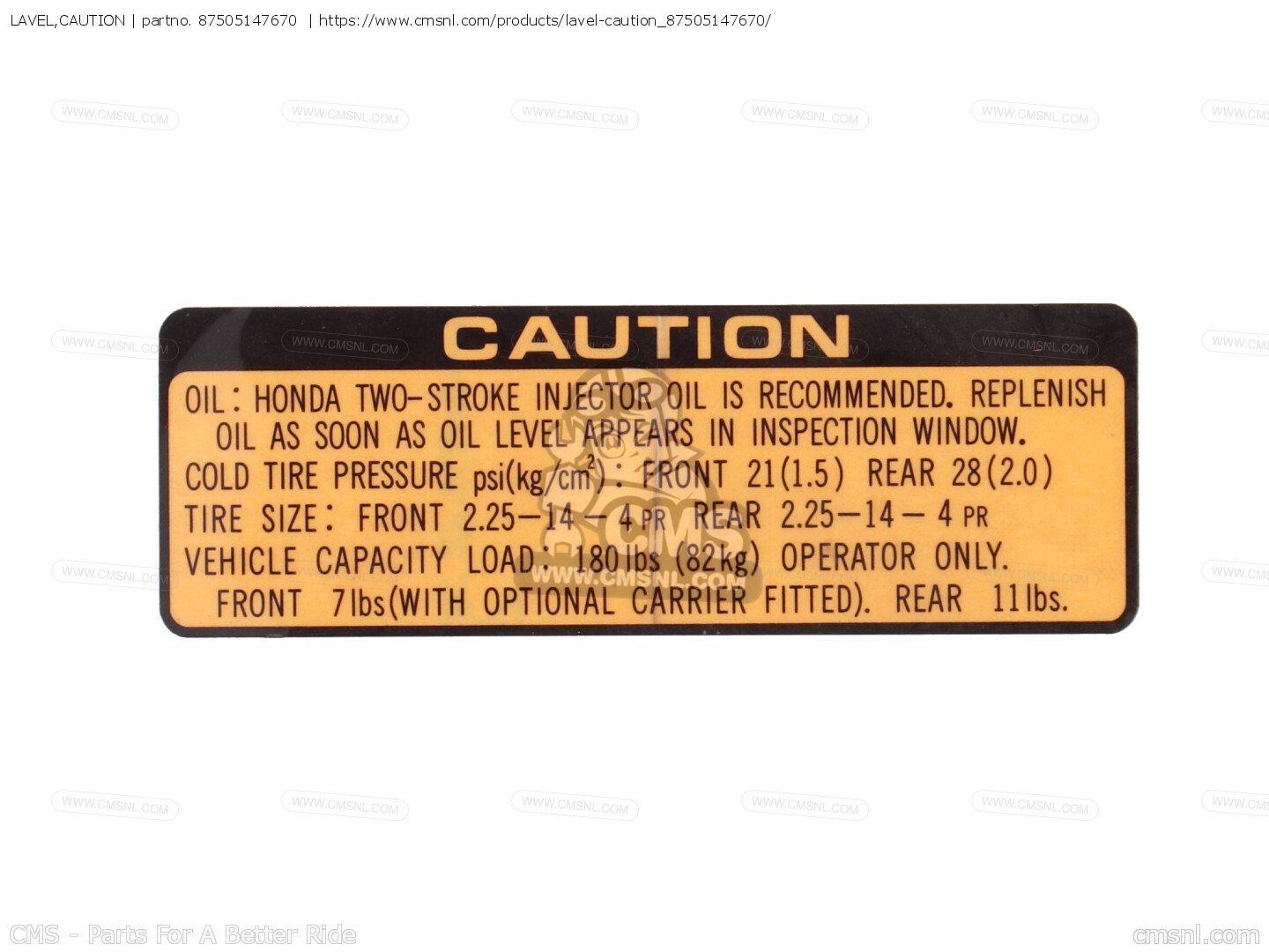 87505147670: LAVEL,CAUTION Honda - buy the 87505-147-670 at CMSNL