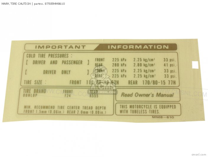 87505MM8610: MARK,TIRE CAUTION Honda - buy the 87505-MM8-610 at CMSNL