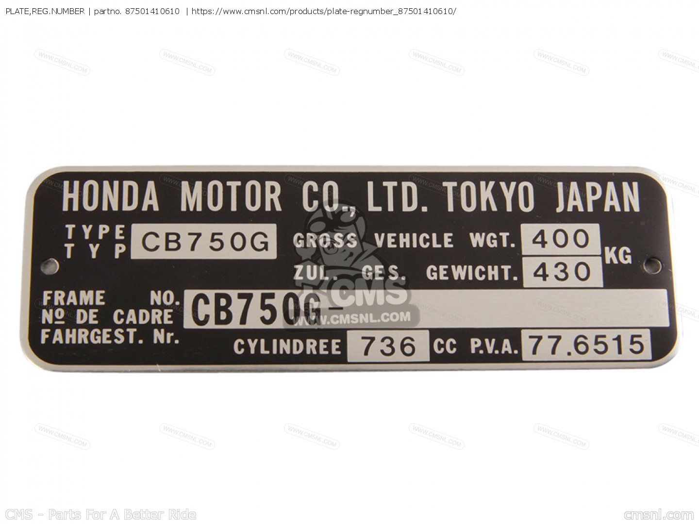 PLATE,REG.NUMBER for Honda - order at CMSNL